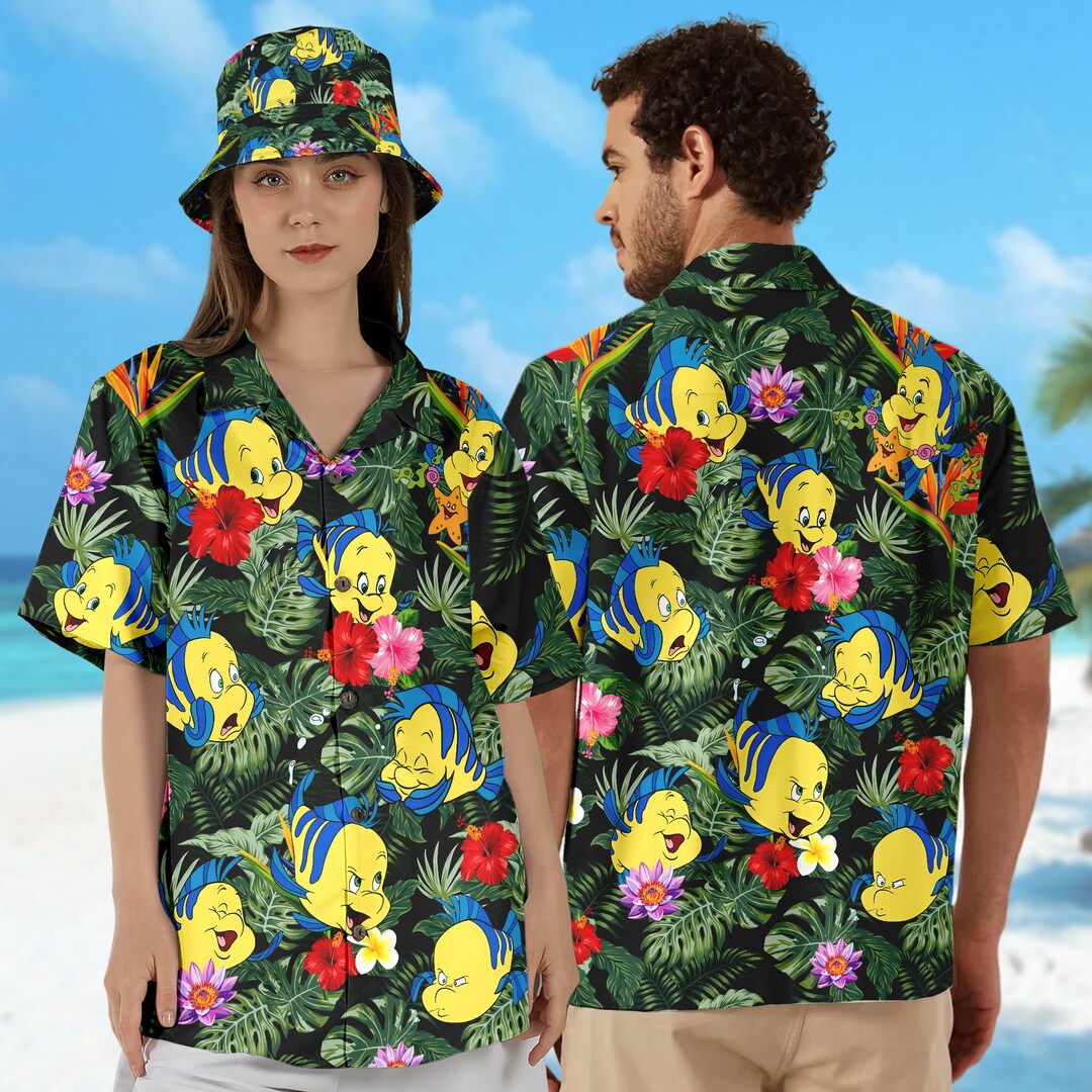 The Little Mermaid Hawaiian Shirt, Flounder Button Up, Yellow Fish ...