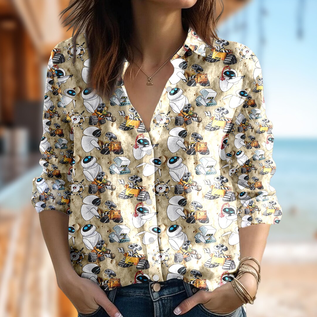 Wall-e and Eve T-shirt, Funny Robot Linen Casual Shirt, Wall-e Women ...