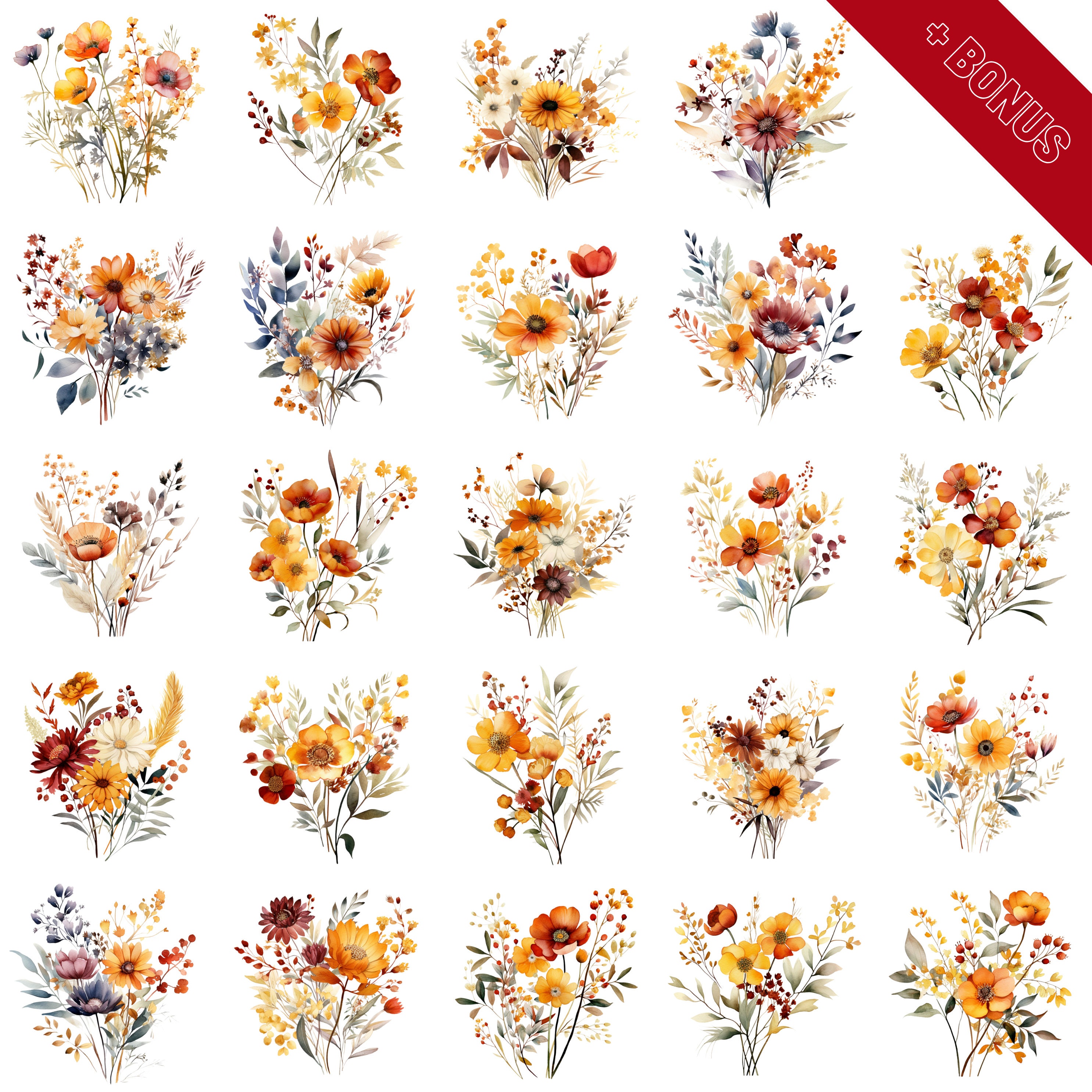 Watercolor Autumn Flower Cliparts Bundle 40 PNG Brown and - Etsy