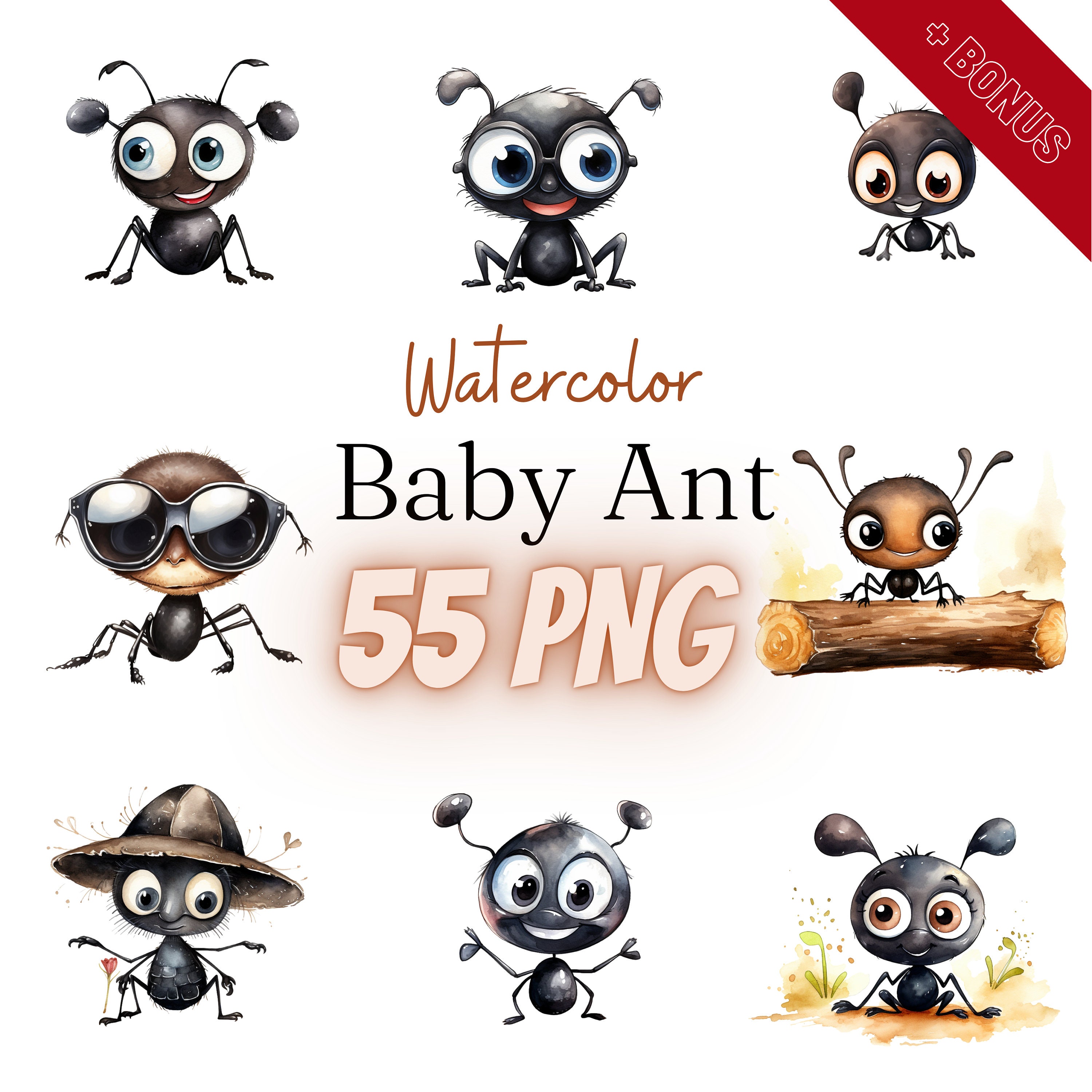 Watercolor Baby Ant Cliparts Bundle, PNG, 55 Illustrations, Baby Ants ...