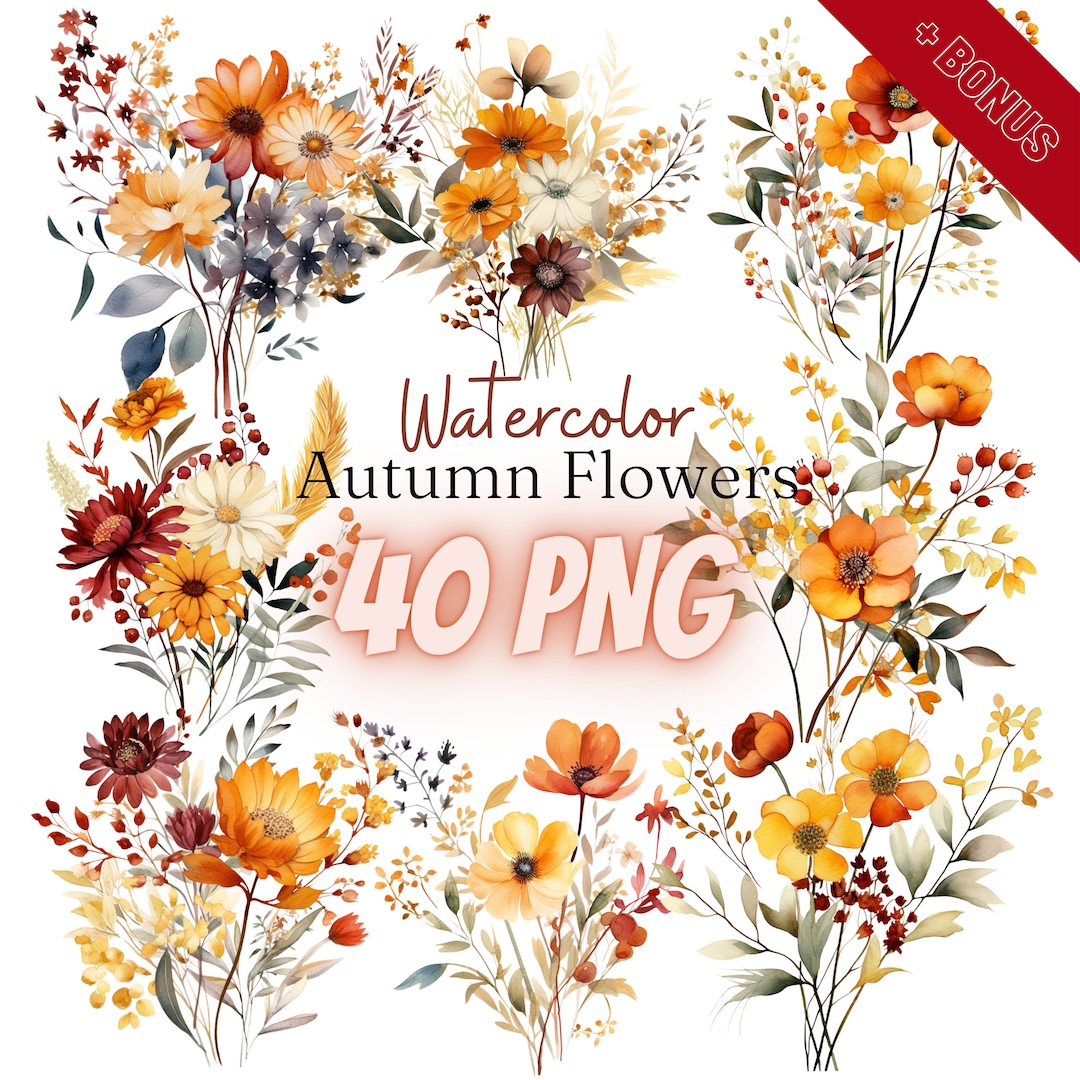 Watercolor Autumn Flower Cliparts Bundle, 40 PNG, Brown and Gold Flower ...