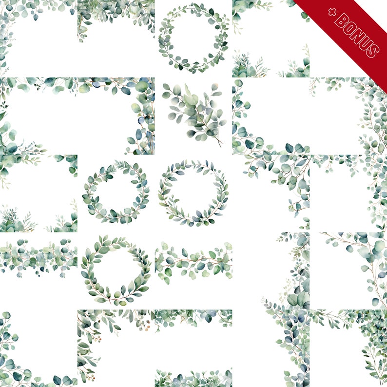 Watercolor Eucalyptus Border Cliparts Bundle, 50 Borders, Eucalyptus ...