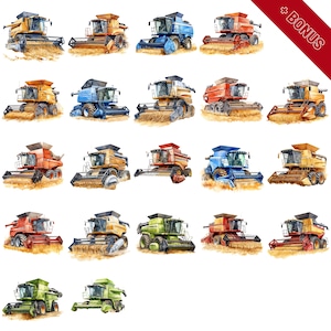 Watercolor Harvester Cliparts Bundle, PNG, 21 Illustrations, Farm Vehicle, Farm, Harvest, 300 ...