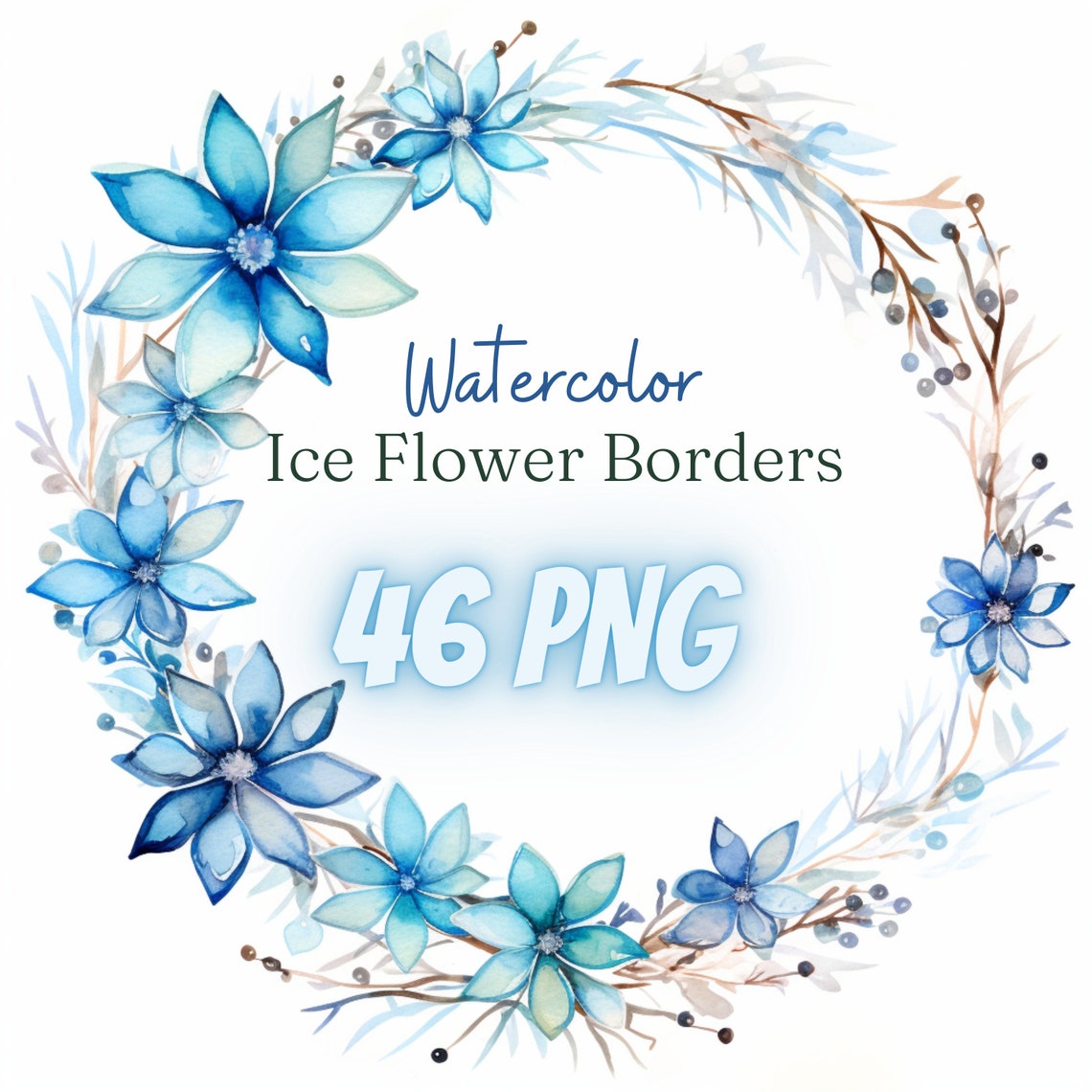 Watercolor Ice Flower Border Cliparts Bundle, 46 PNG, Winter Floral ...