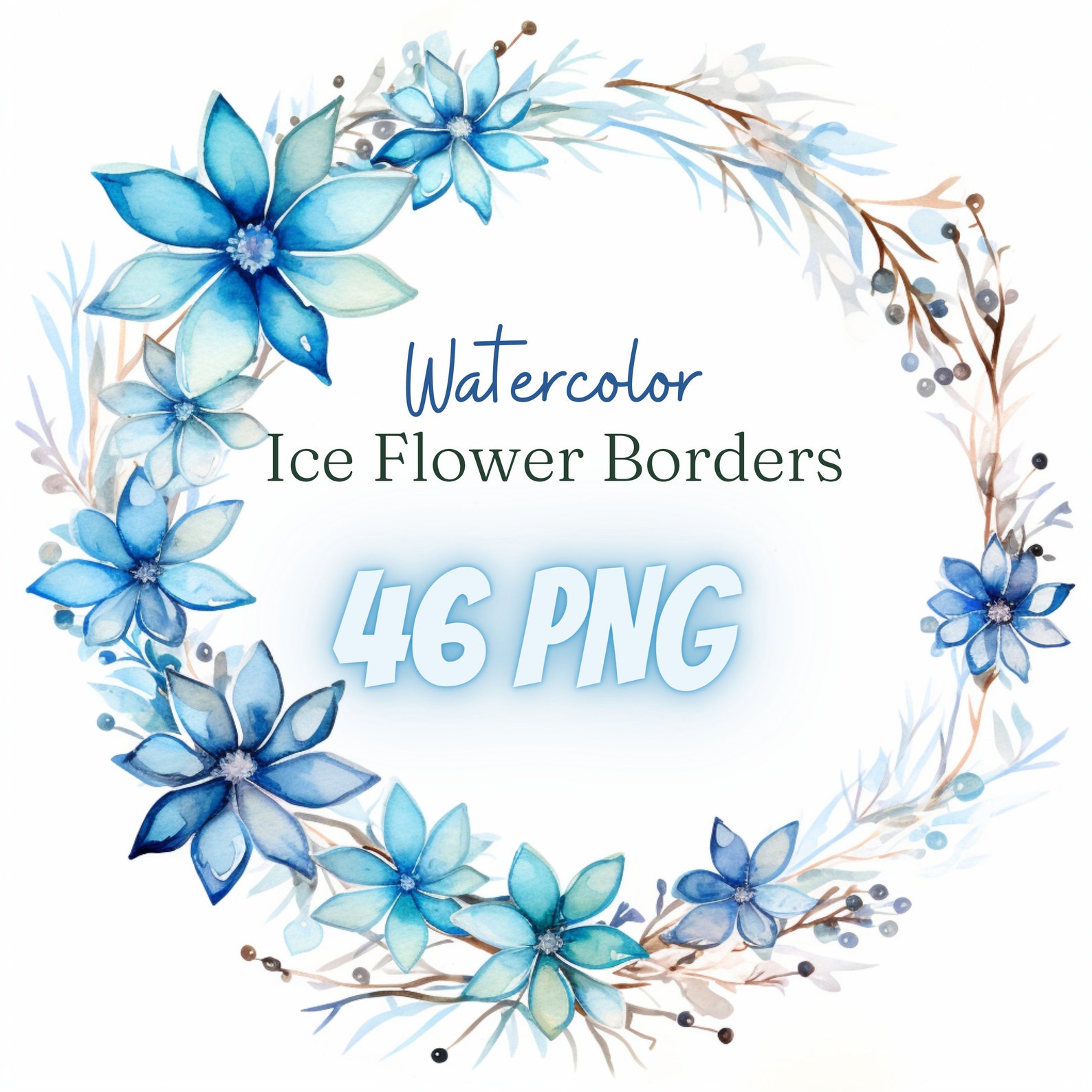 Watercolor Ice Flower Border Cliparts Bundle, 46 PNG, Winter Floral ...