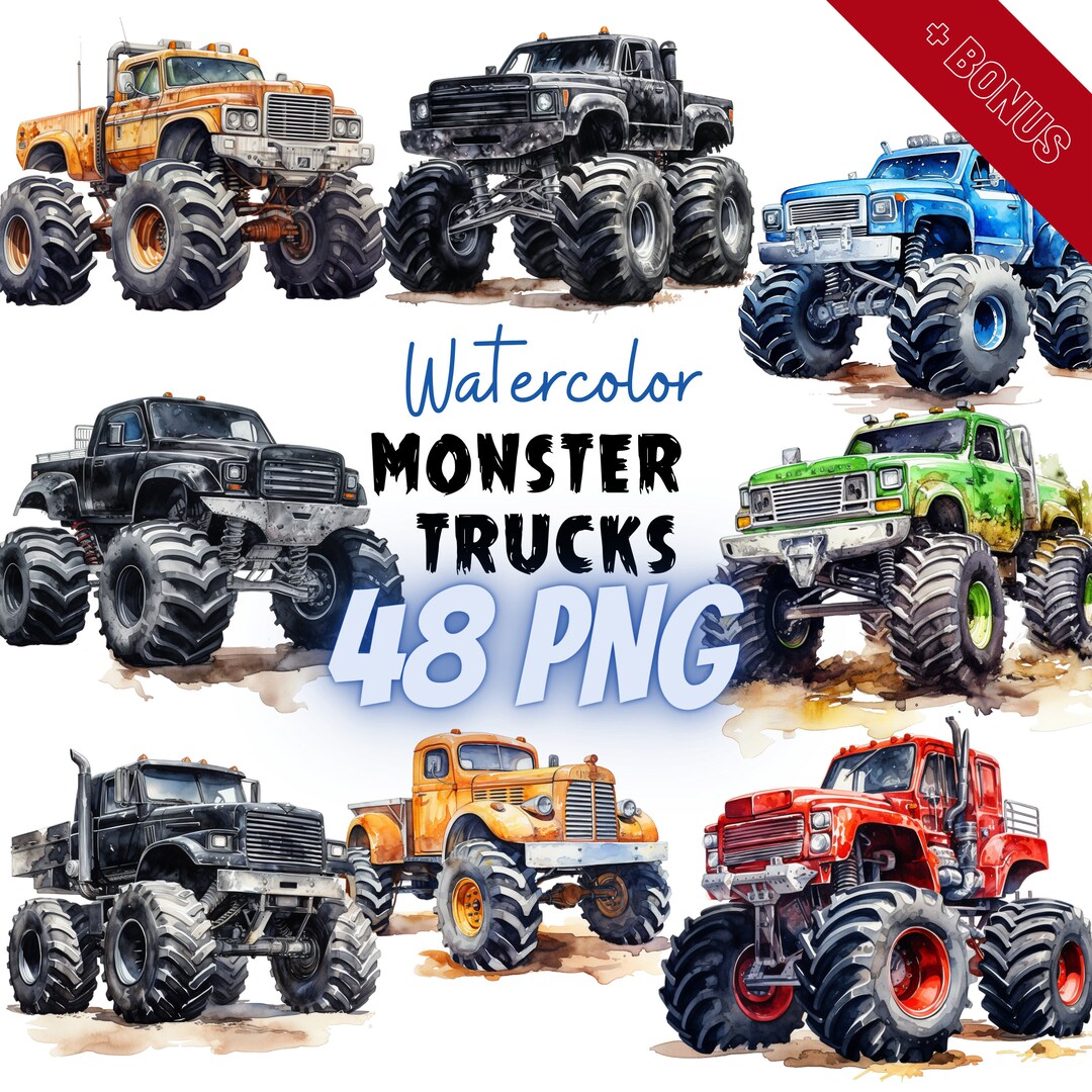 Watercolor Monster Truck Cliparts Bundle, Watercolor Monstertruck ...