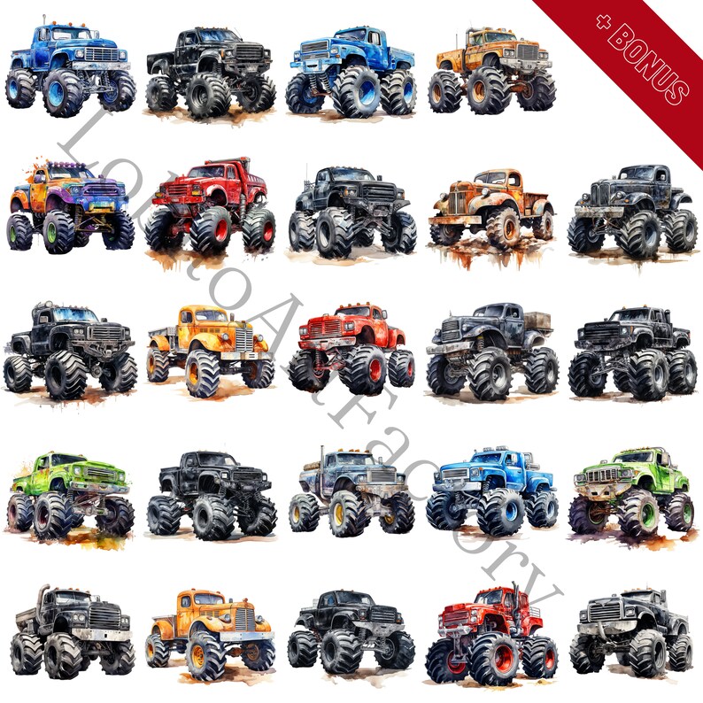 Watercolor Monster Truck Cliparts Bundle, Watercolor Monstertruck ...