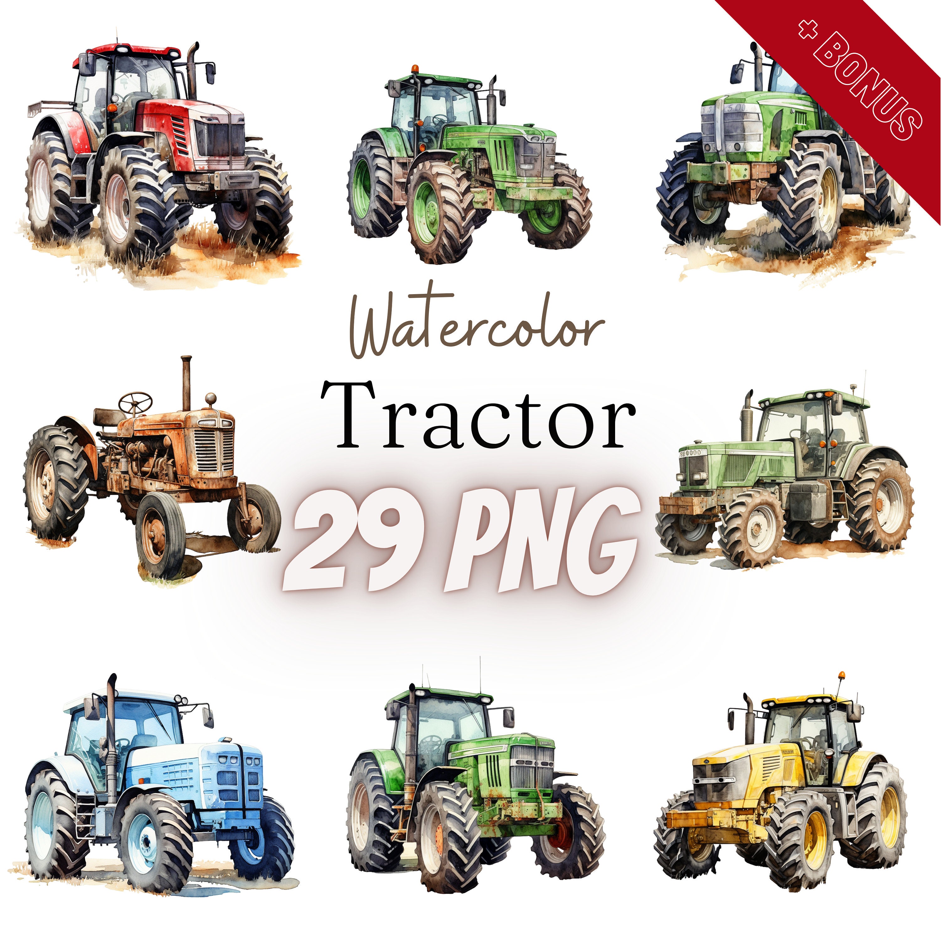 Watercolor Tractor Cliparts Bundle, PNG, 29 Illustrations, Farm, Truck ...