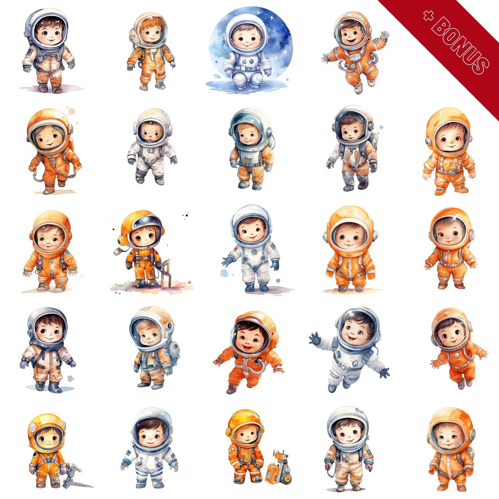 Watercolor Young Astronaut Cliparts Bundle, PNG, 47 Illustrations ...