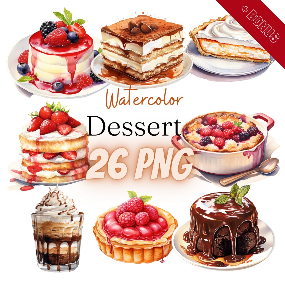 Watercolor Dessert Cliparts Bundle, PNG, 26 Illustrations, 300 Dpi ...
