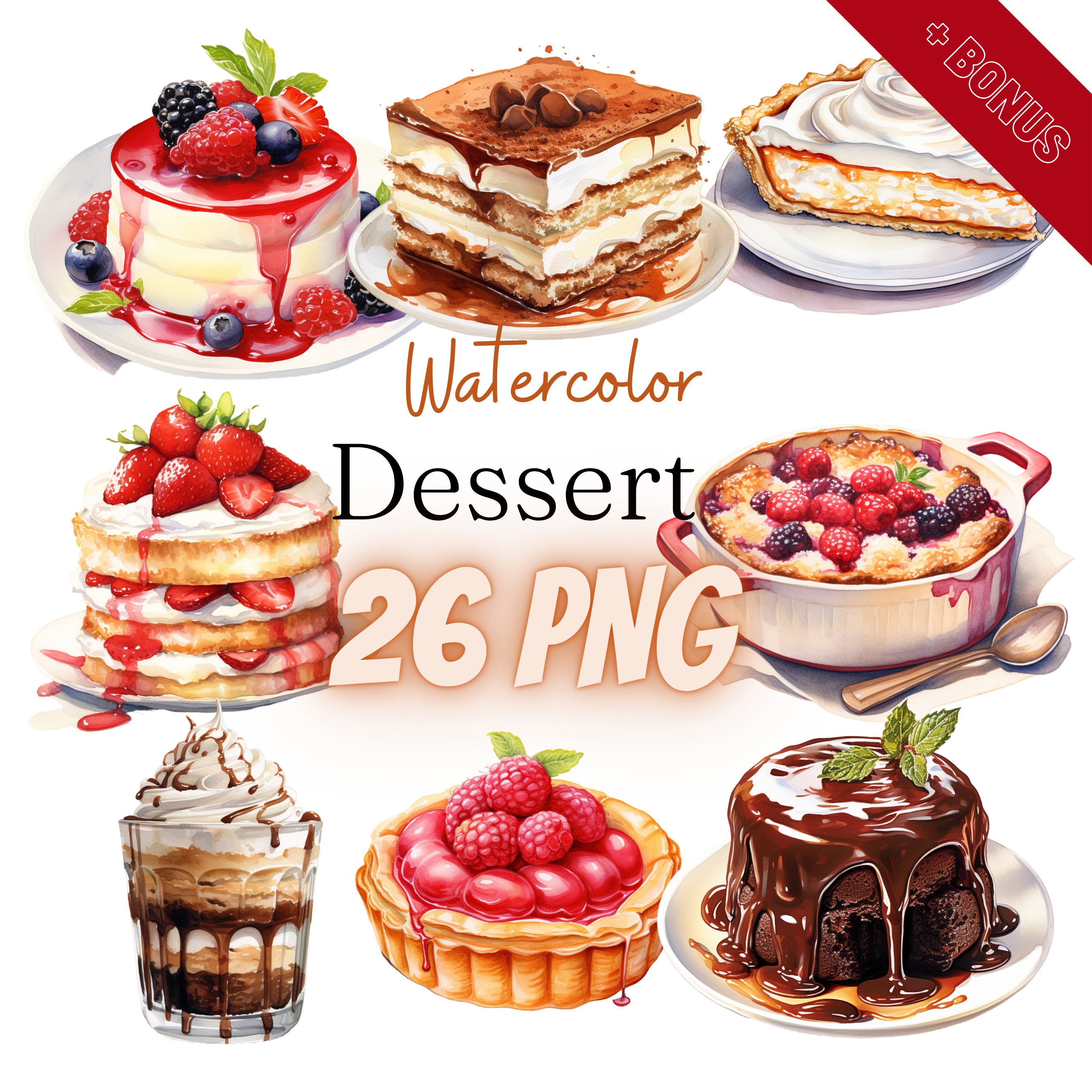 Watercolor Dessert Cliparts Bundle, PNG, 26 Illustrations, 300 Dpi ...