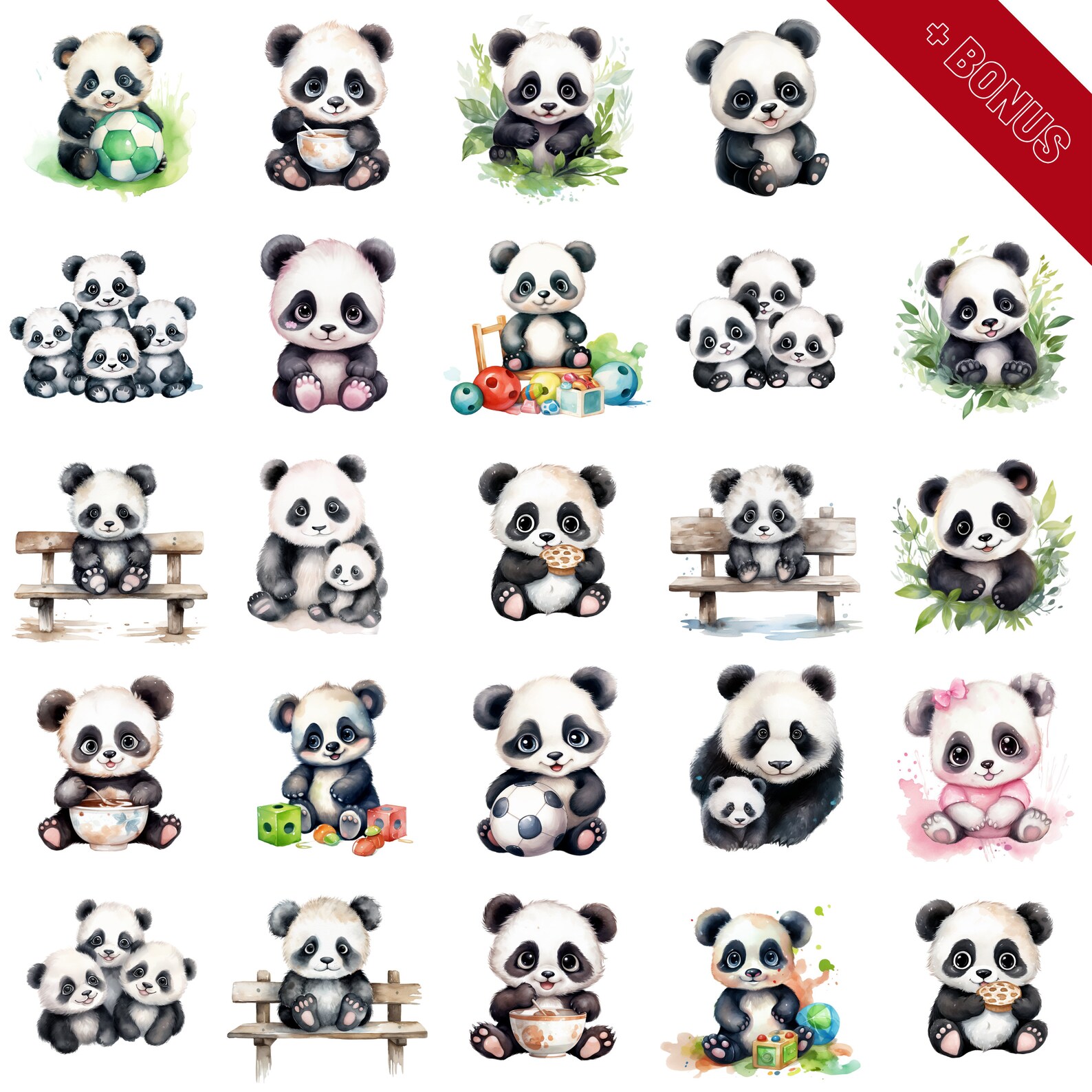 Watercolor Baby Panda Cliparts Bundle, 37 PNG, Watercolor Panda, Panda ...