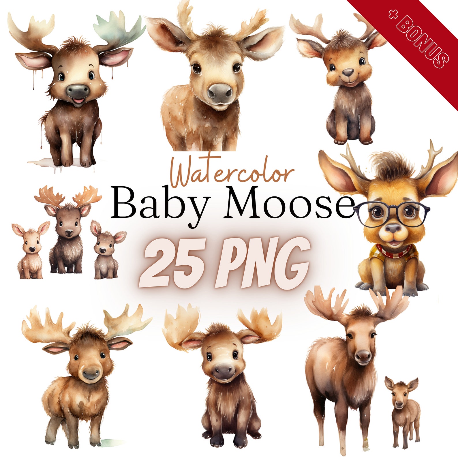 Watercolor Baby Moose Cliparts Bundle, PNG, 25 Illustrations, Baby ...