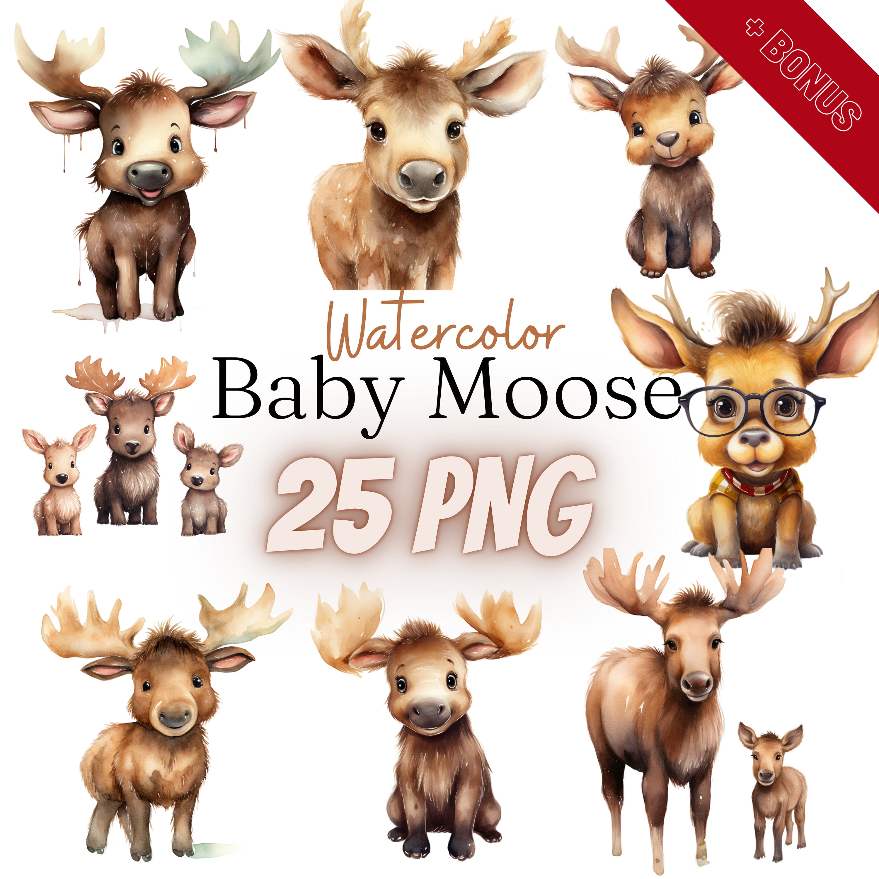 Watercolor Baby Moose Cliparts Bundle, PNG, 25 Illustrations, Baby ...