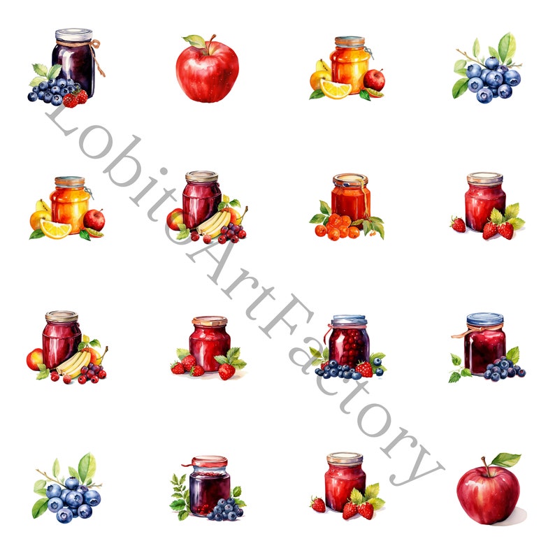 Watercolor Jam Cliparts, PNG, 42 Illustrations, Jars of Jam, Breakfast ...