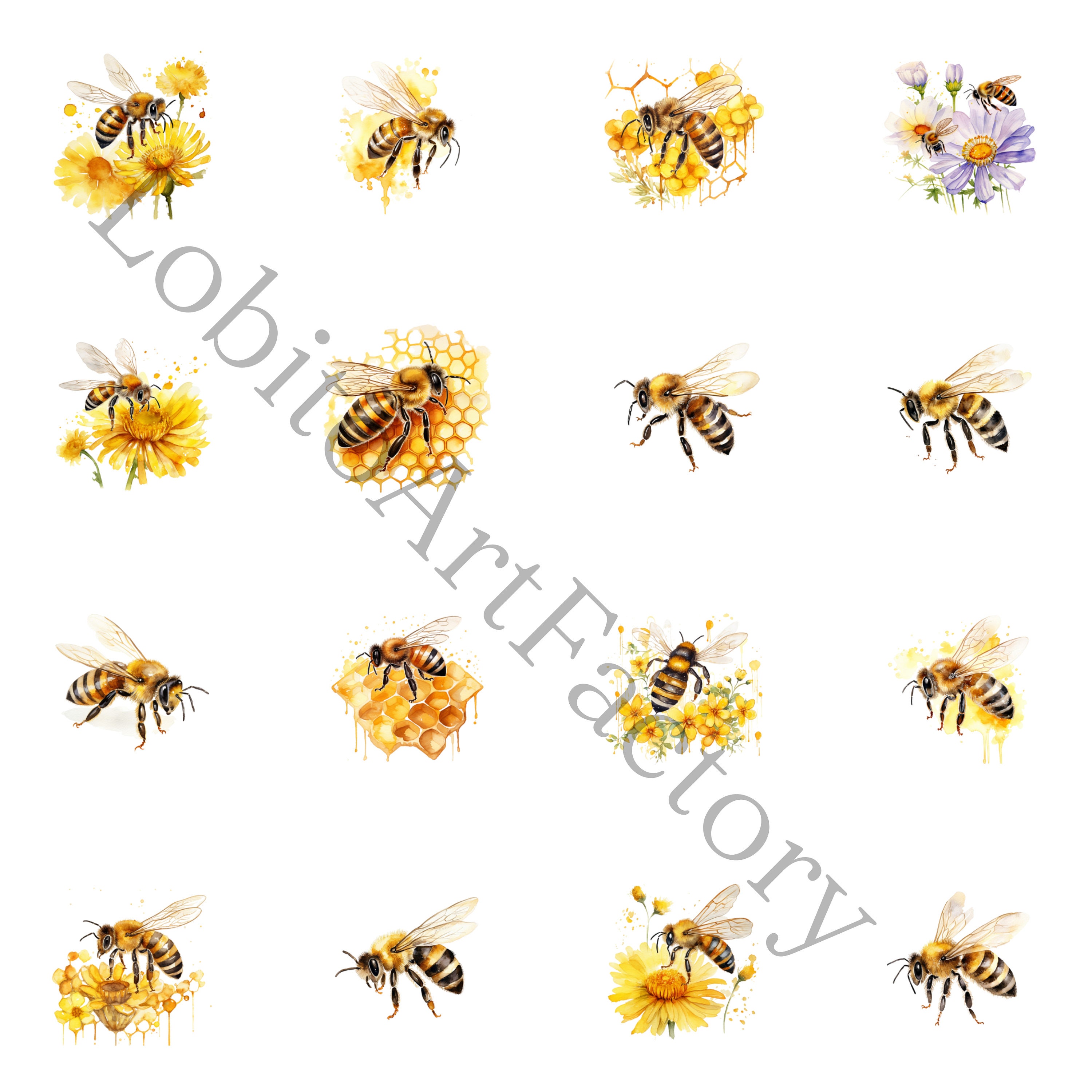 Watercolor Honey Bee Cliparts, PNG, 35 Illustrations, 300 Dpi, Spring ...
