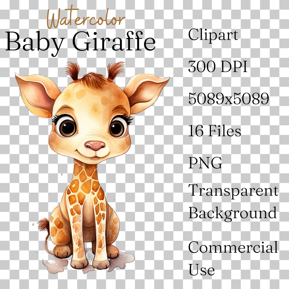 Watercolor Baby Giraffe Cliparts Bundle, PNG, 16 Illustrations ...
