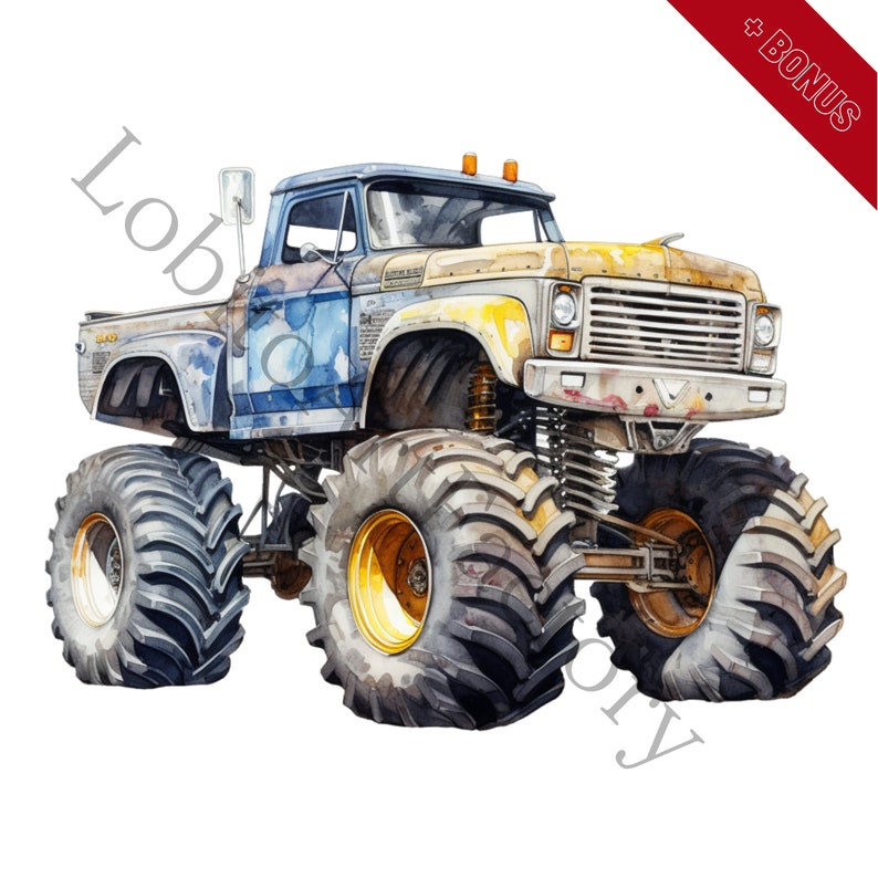 Watercolor Monster Truck Cliparts Bundle, Watercolor Monstertruck ...