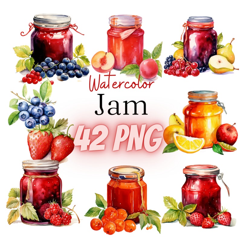 Watercolor Jam Cliparts, PNG, 42 Illustrations, Jars of Jam, Breakfast ...