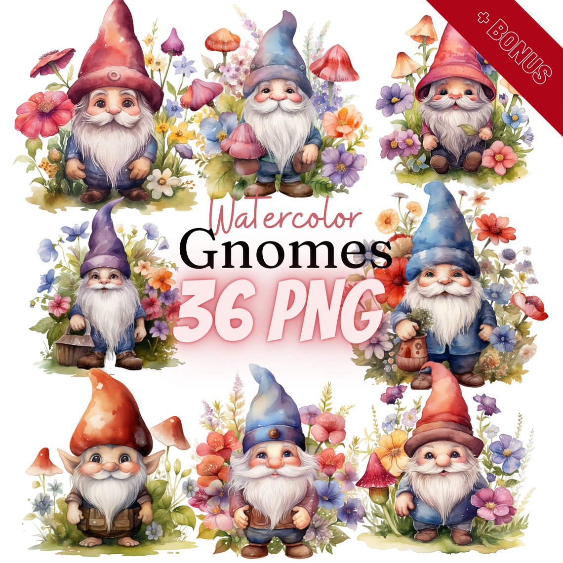 Watercolor Gnome Cliparts Bundle, 36 PNG, Garden Gnome, Gnome, Garden ...