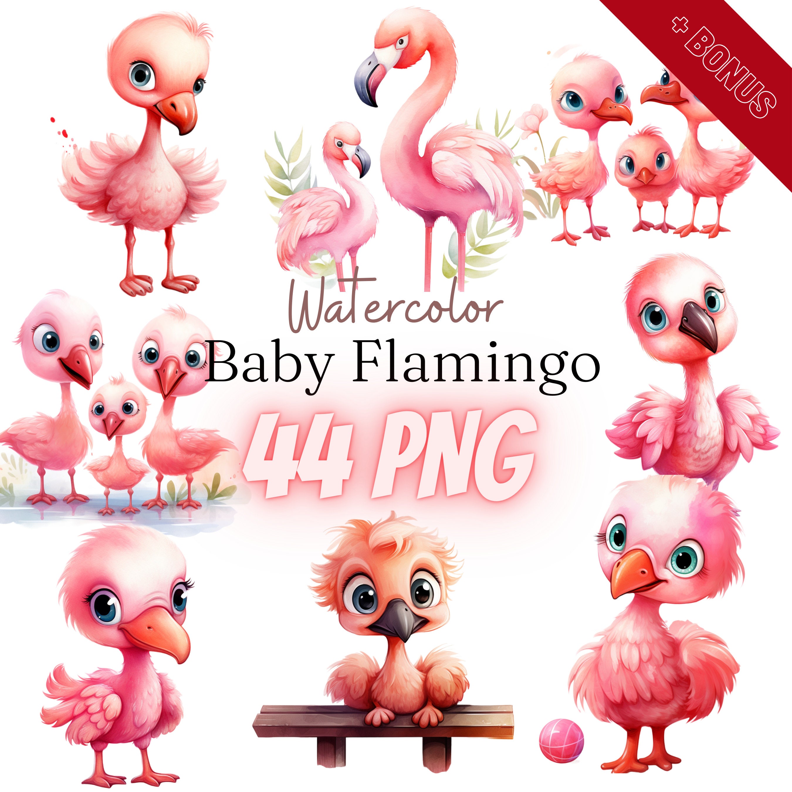 Watercolor Baby Flamingo Cliparts Bundle, 44 PNG, 300 Dpi, Pink Bird ...