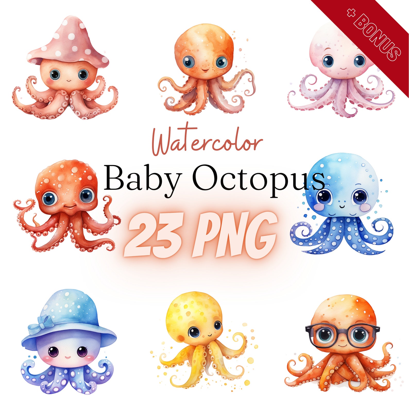 Watercolor Baby Octopus Cliparts Bundle, PNG, 23 Illustrations, Sea ...