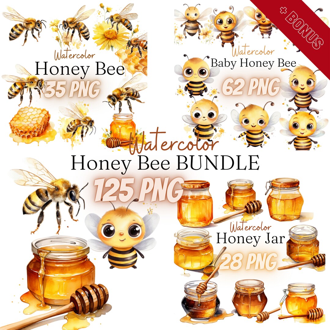 Watercolor Honey Bee Cliparts Bundle, PNG, 125 Illustrations, Honey Bee ...