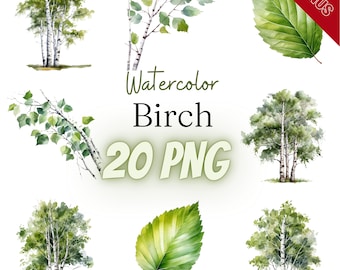Watercolor Birch Trees Clipart Lake Landscape Card Making - Etsy