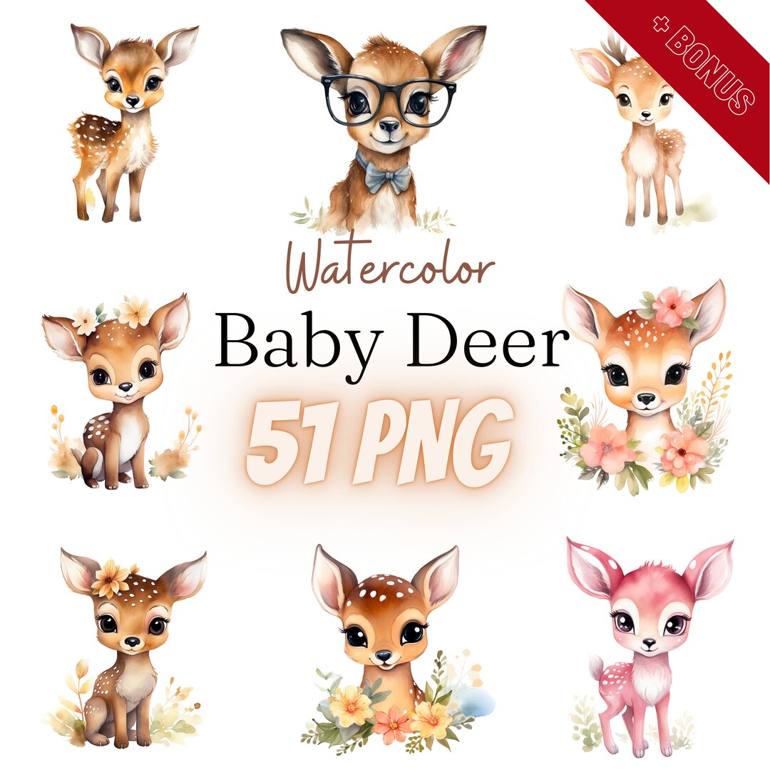 Watercolor Baby Deer Cliparts Bundle, PNG, 51 Illustrations, Forrest ...