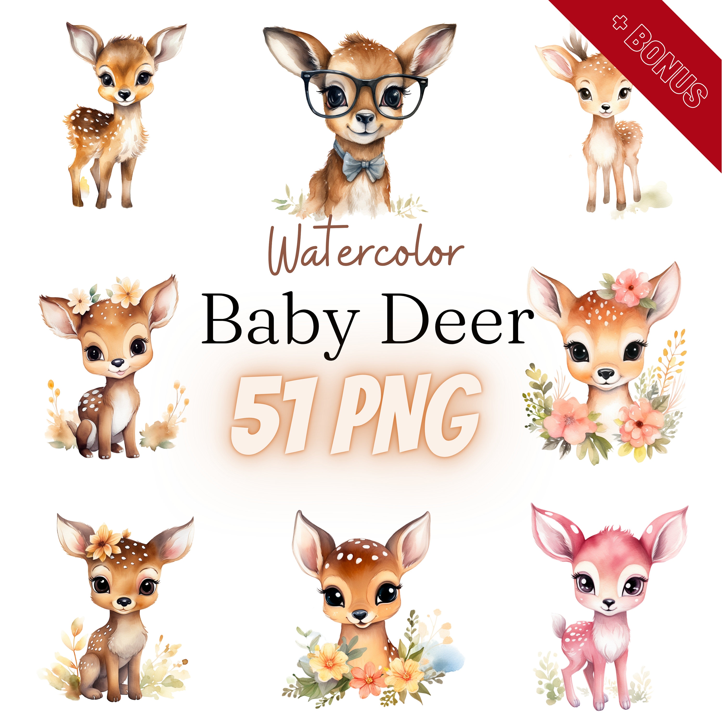 Watercolor Baby Deer Cliparts Bundle, PNG, 51 Illustrations, Forrest ...