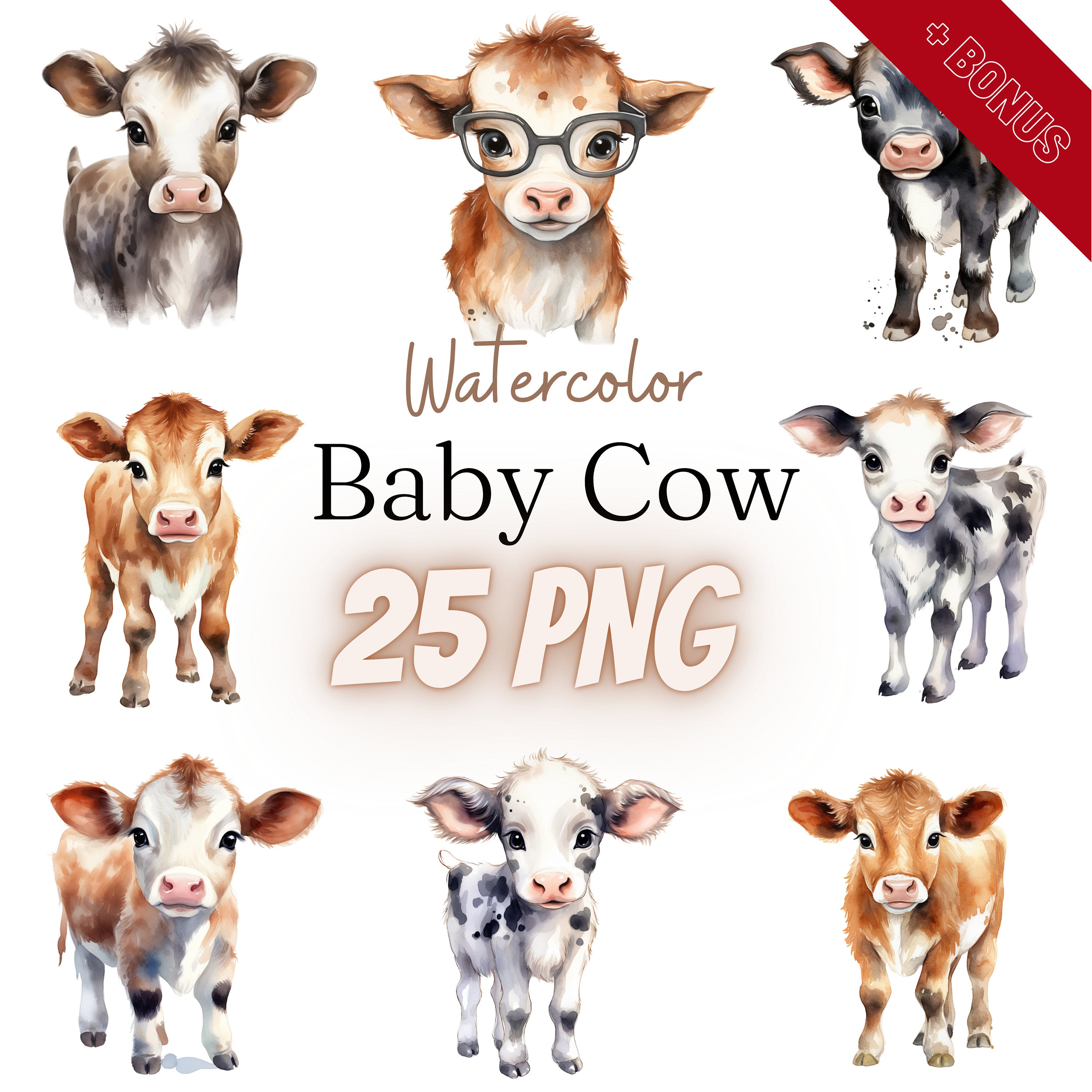 Watercolor Baby Cow Cliparts Bundle, PNG, 25 Illustrations, Baby Cow ...