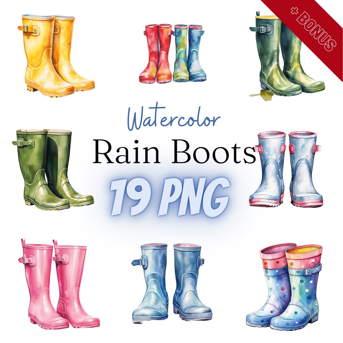 Watercolor Rain Boot Cliparts Bundle, PNG, 19 Illustrations, Rainboots, Gum Shoes, Shoe, Boot ...