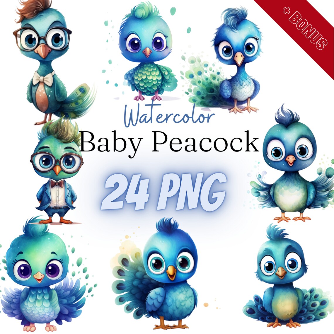 Watercolor Baby Peacock Cliparts Bundle, PNG, 24 Illustrations, Baby ...