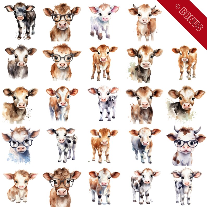 Watercolor Baby Cow Cliparts Bundle, PNG, 25 Illustrations, Baby Cow ...