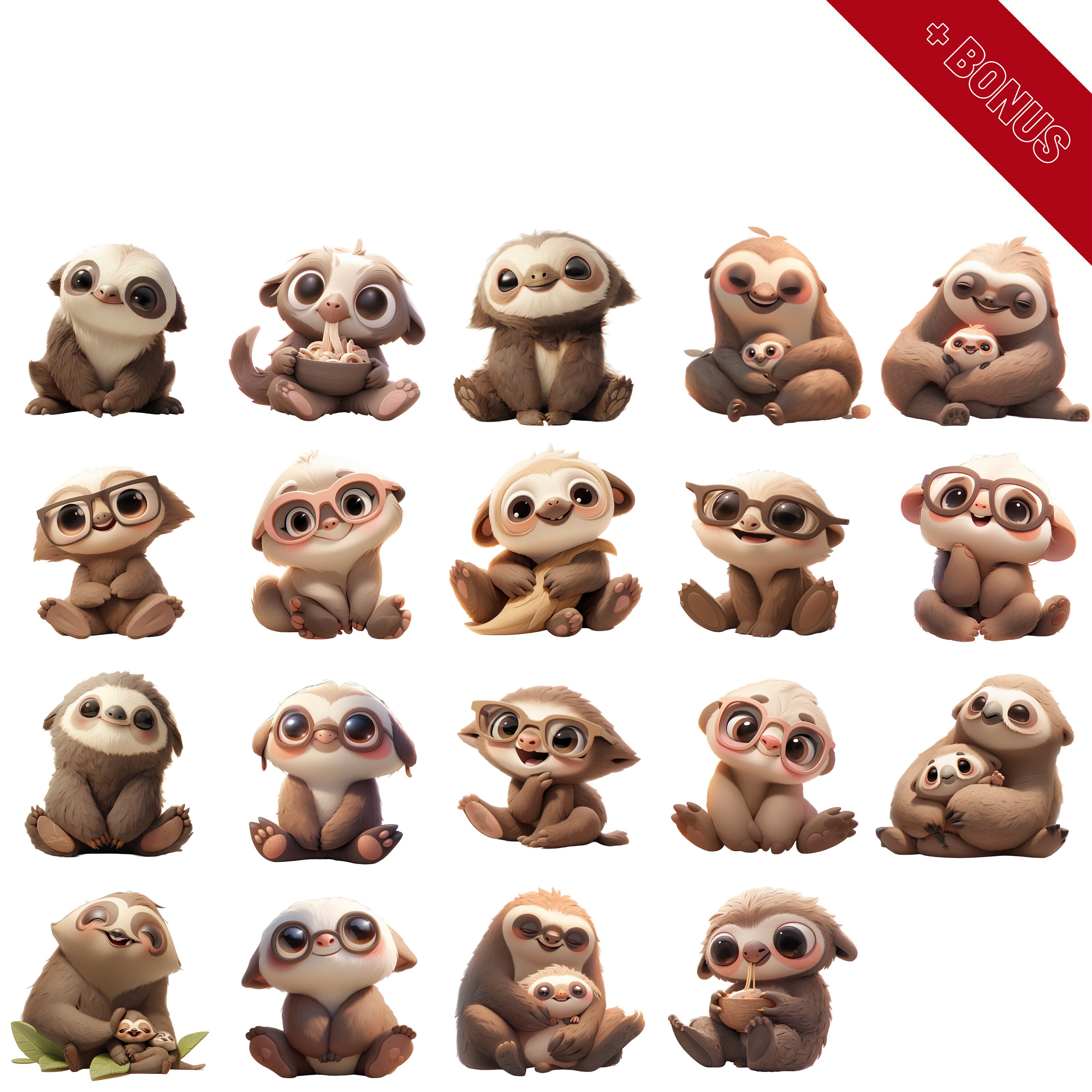 Cartoon Baby Sloth Cliparts Bundle, PNG, 19 Illustrations, Watercolor ...