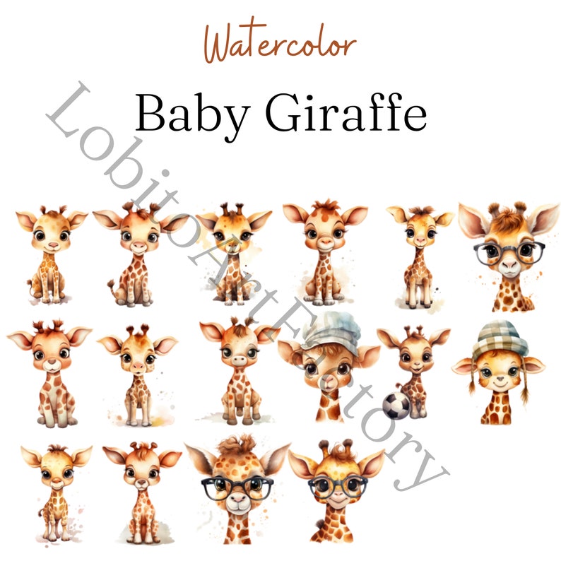 Watercolor Baby Giraffe Cliparts Bundle, PNG, 16 Illustrations ...