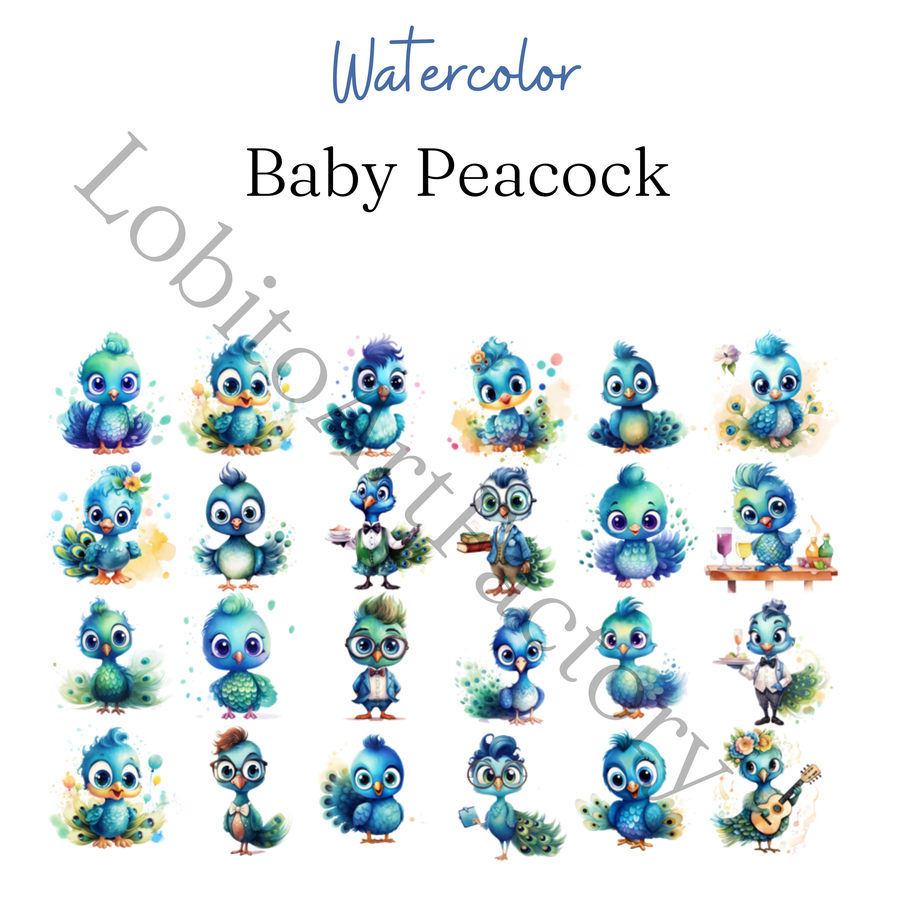 Watercolor Baby Peacock Cliparts Bundle, PNG, 24 Illustrations, Baby ...