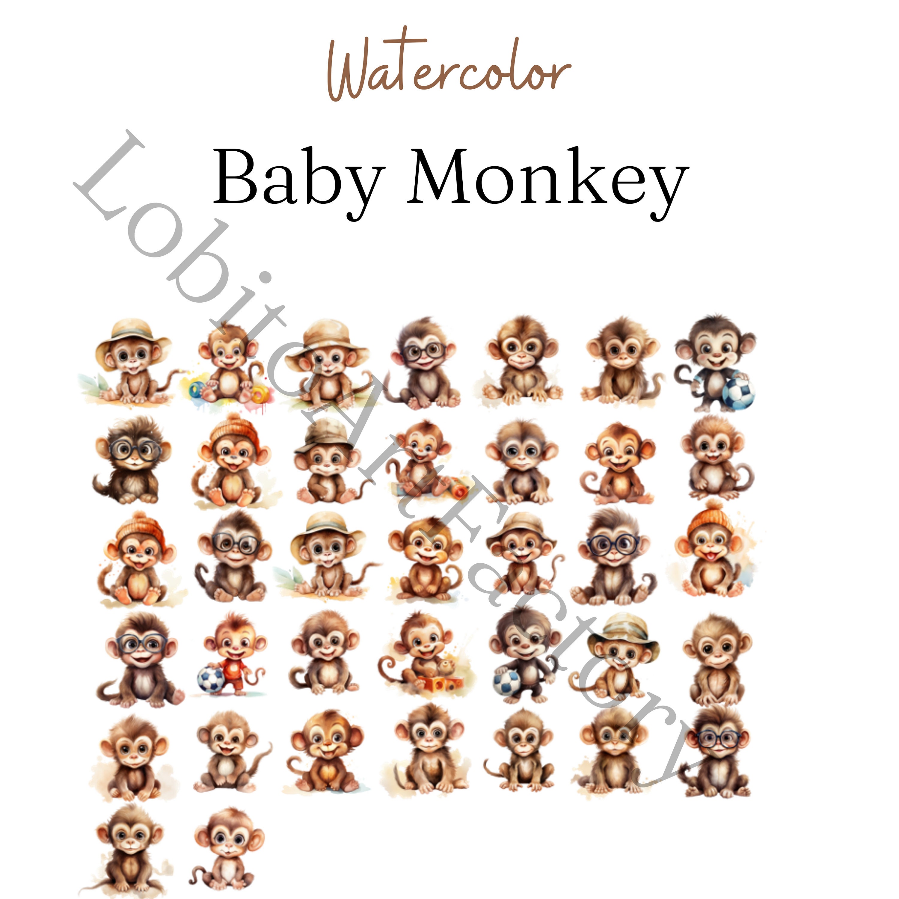Watercolor Baby Monkey Cliparts Bundle, PNG, 37 Illustrations, Baby ...