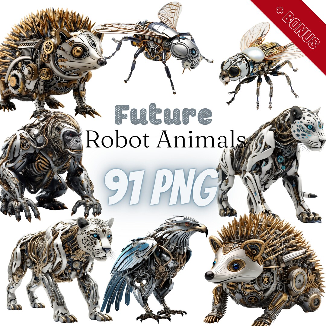 Futuristic Robot Animal Cliparts Bundle, PNG, 91 Illustrations, Cyborg ...
