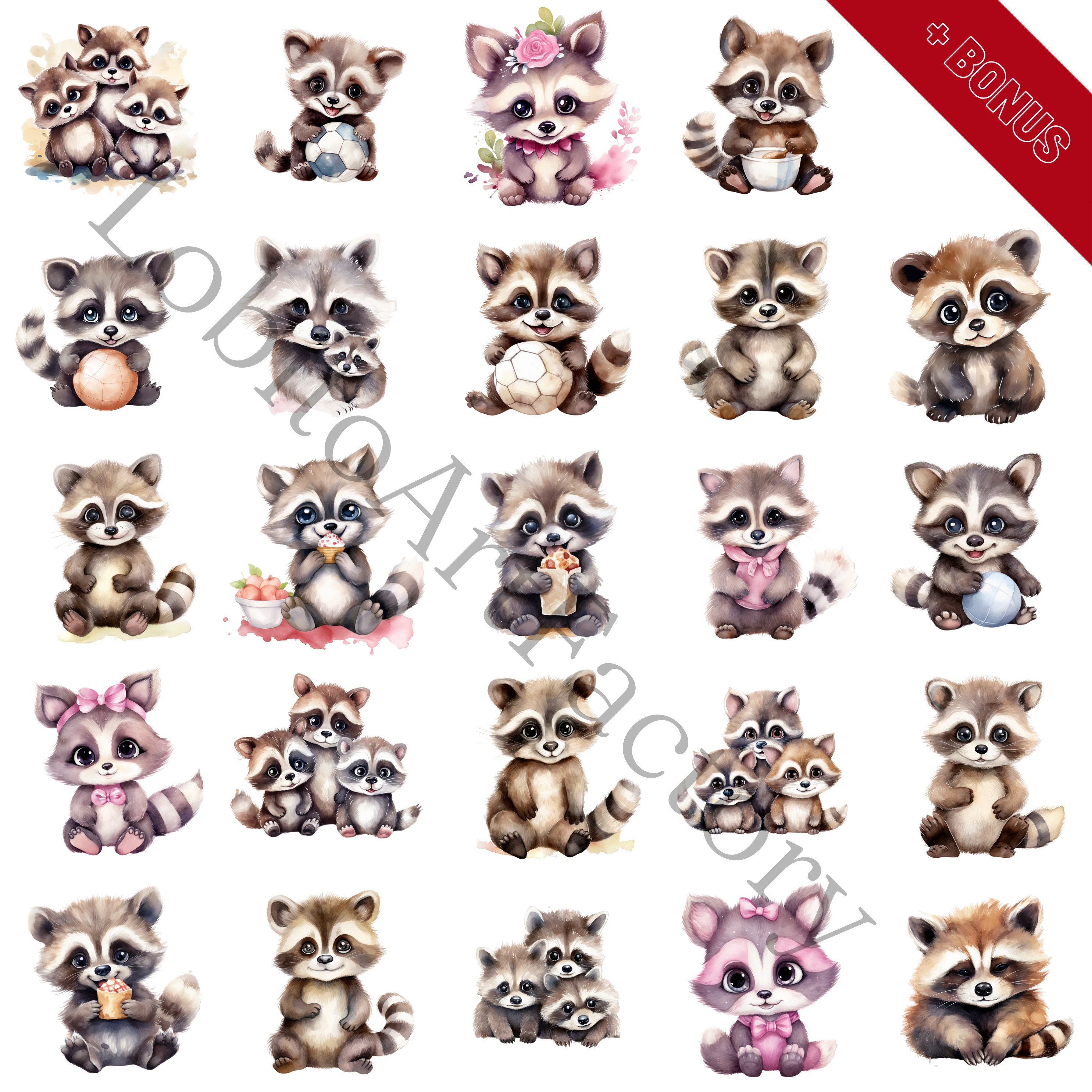 Watercolor Baby Racoon Cliparts Bundle, 75 PNG, Racoon Cub, Baby Animal ...