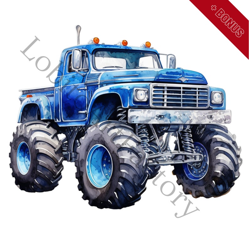 Watercolor Monster Truck Cliparts Bundle, Watercolor Monstertruck ...