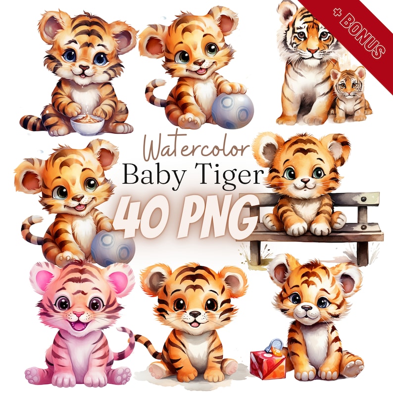 Watercolor Baby Tiger Cliparts Bundle, 40 PNG, Cute Tiger Cub, Safari ...