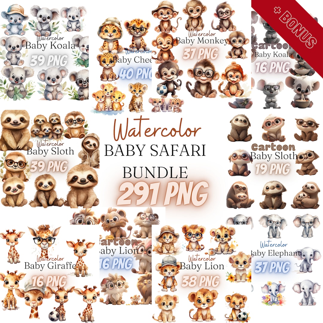 Watercolor Safari Animal Cliparts Bundle, PNG, 291 Illustrations, Lion ...