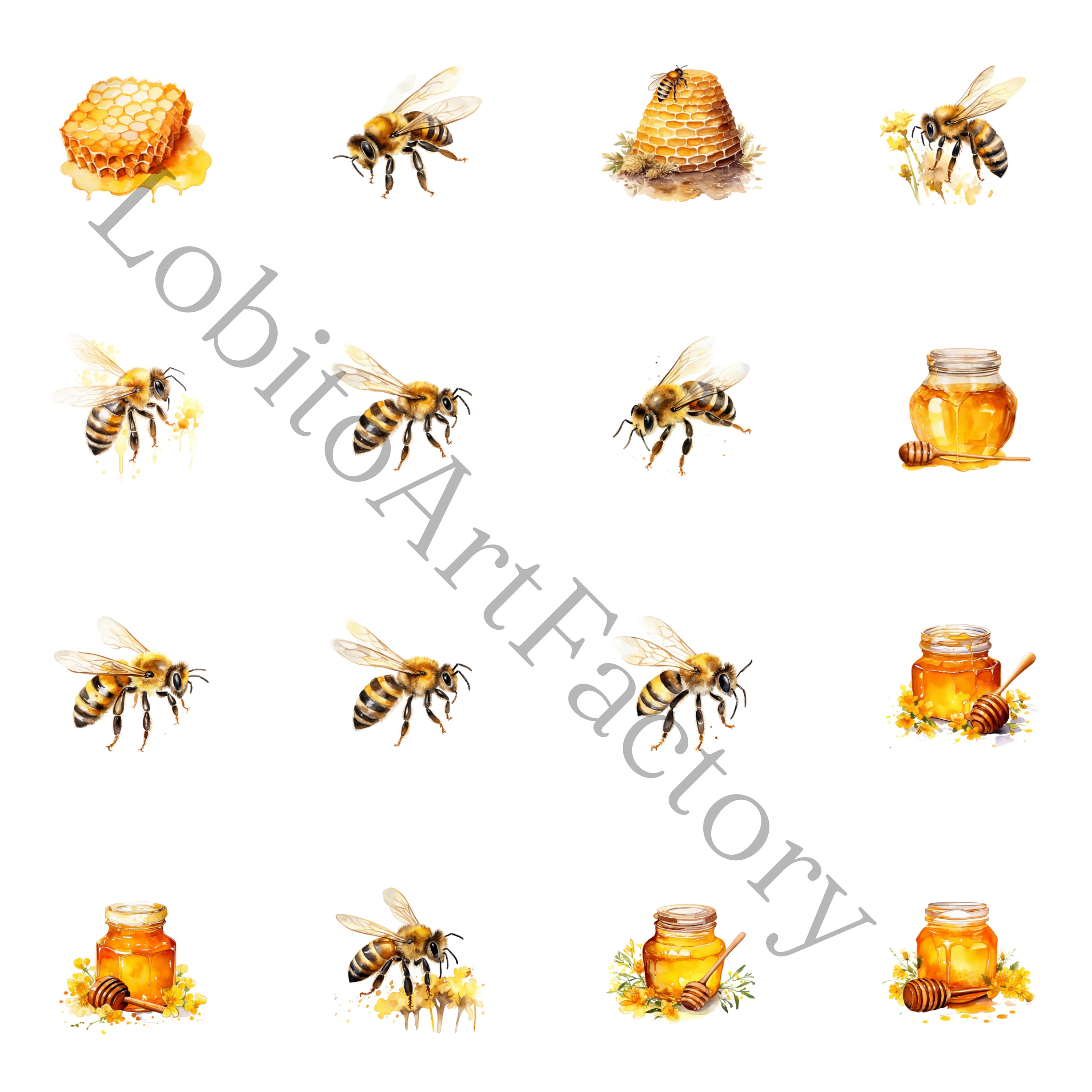 Watercolor Honey Bee Cliparts, PNG, 35 Illustrations, 300 Dpi, Spring ...