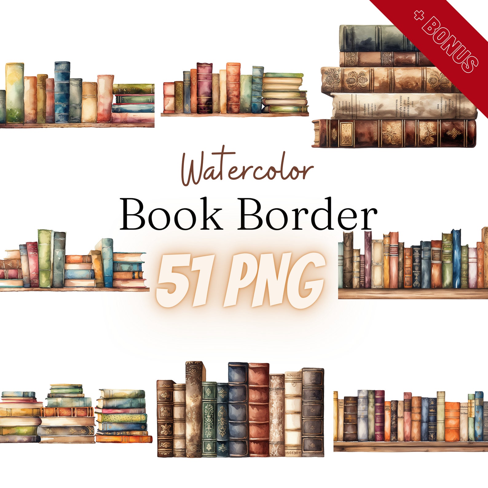Watercolor Clipart Book Border Bundle, PNG, 51 Illustrations, Old Book ...