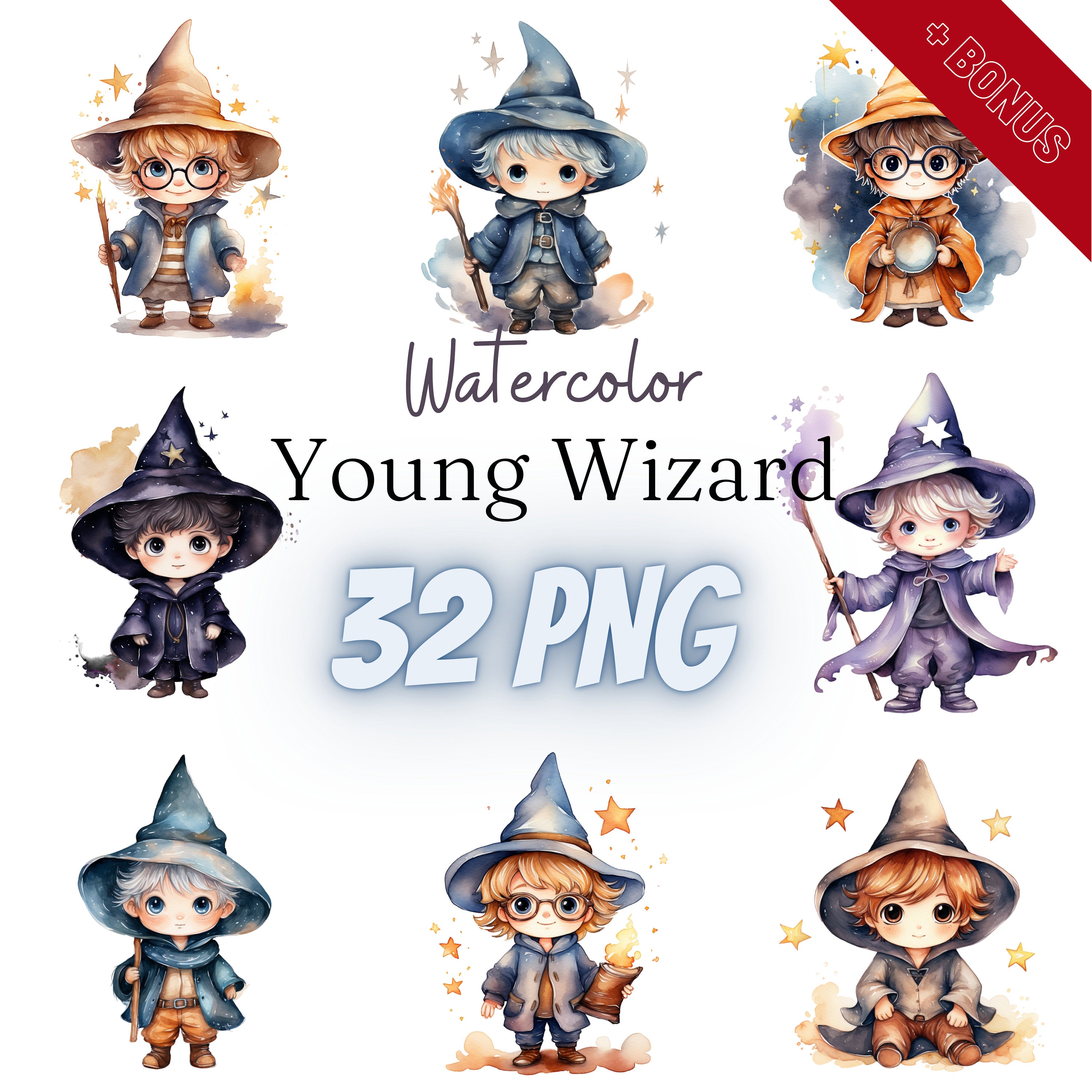 Watercolor Young Wizard Cliparts Bundle PNG 32 - Etsy
