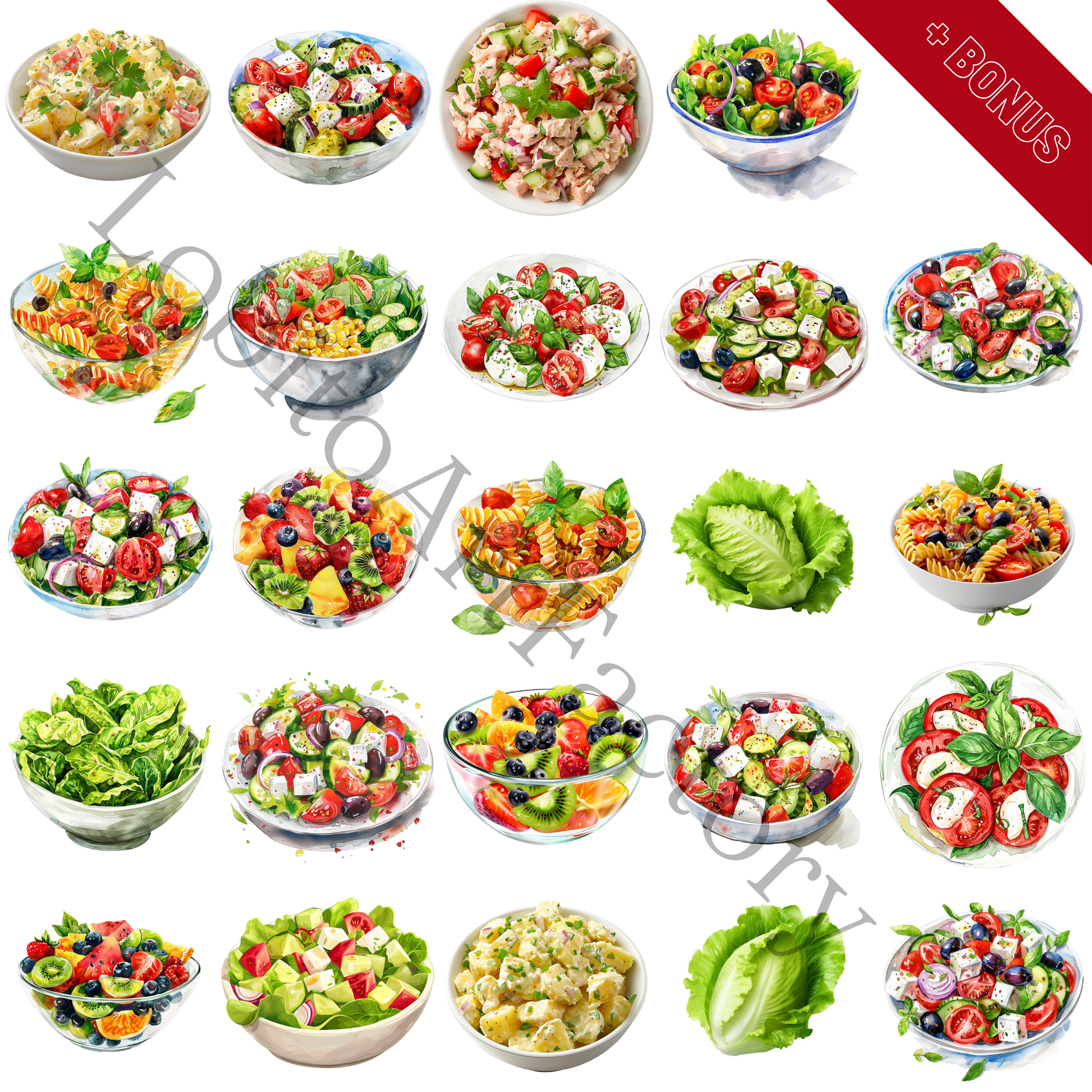 Watercolor Herb Salad Bundle, 58 PNG, Caesar Salad, Caprese, Chicken ...