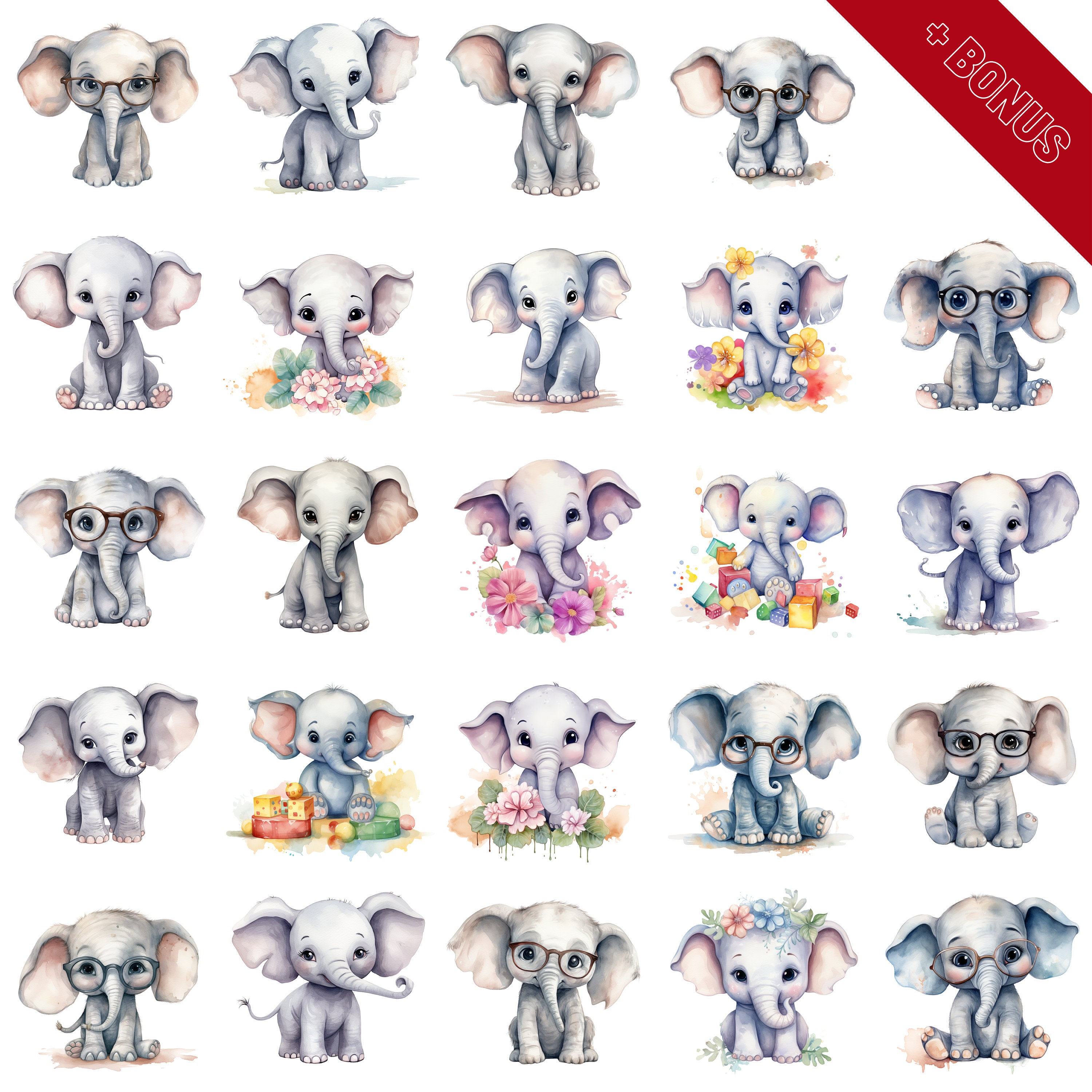 Watercolor Baby Elephant Cliparts Bundle, PNG, 37 Illustrations ...