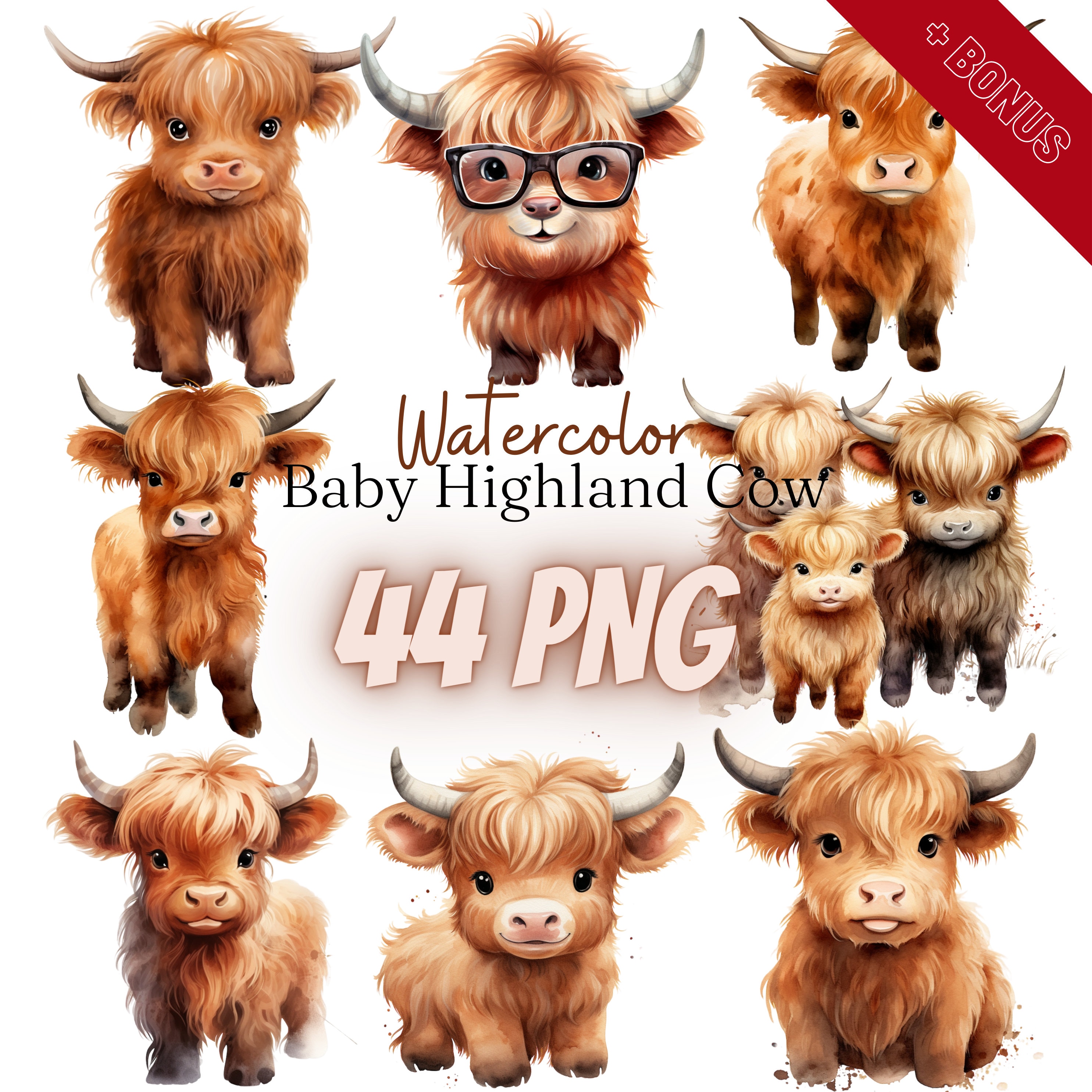Watercolor Baby Highland Cows Cliparts Bundle, PNG, 44 Illustrations ...