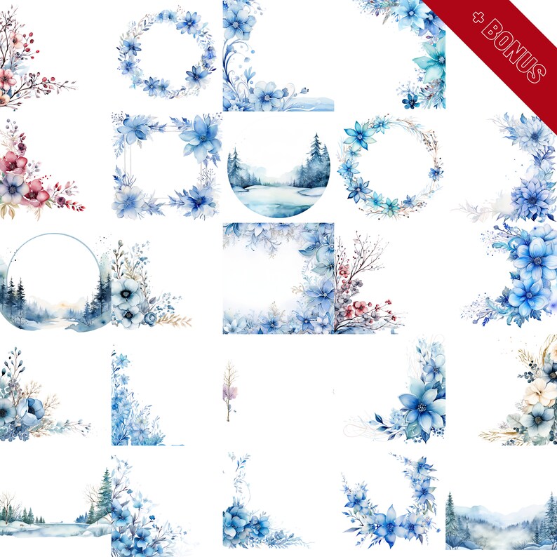Watercolor Ice Flower Border Cliparts Bundle, 46 PNG, Winter Floral ...